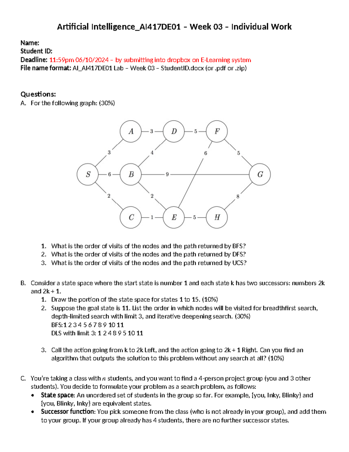 AI417DE01 Lab – Week 03: BFS, DFS, UCS, and Group Formation Exercises - Studocu