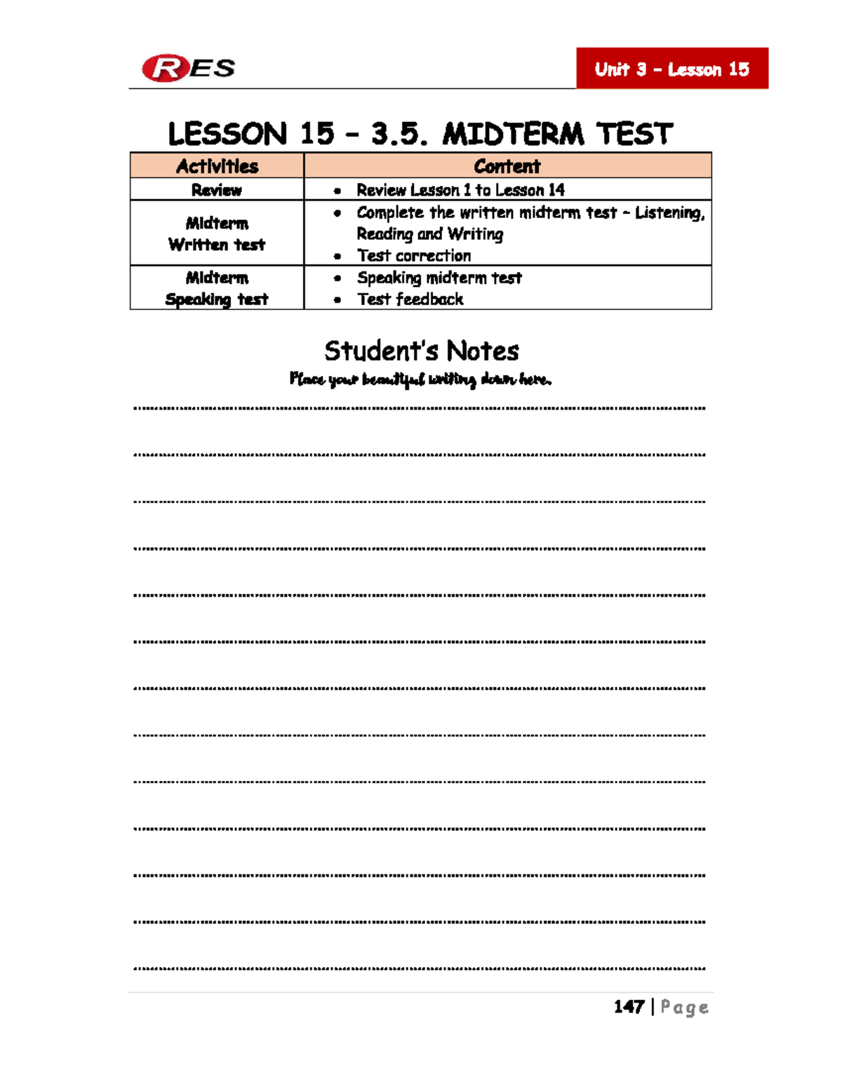 R ES Unit 3 Lesson 15 Midterm Test Review and Activities - Studocu