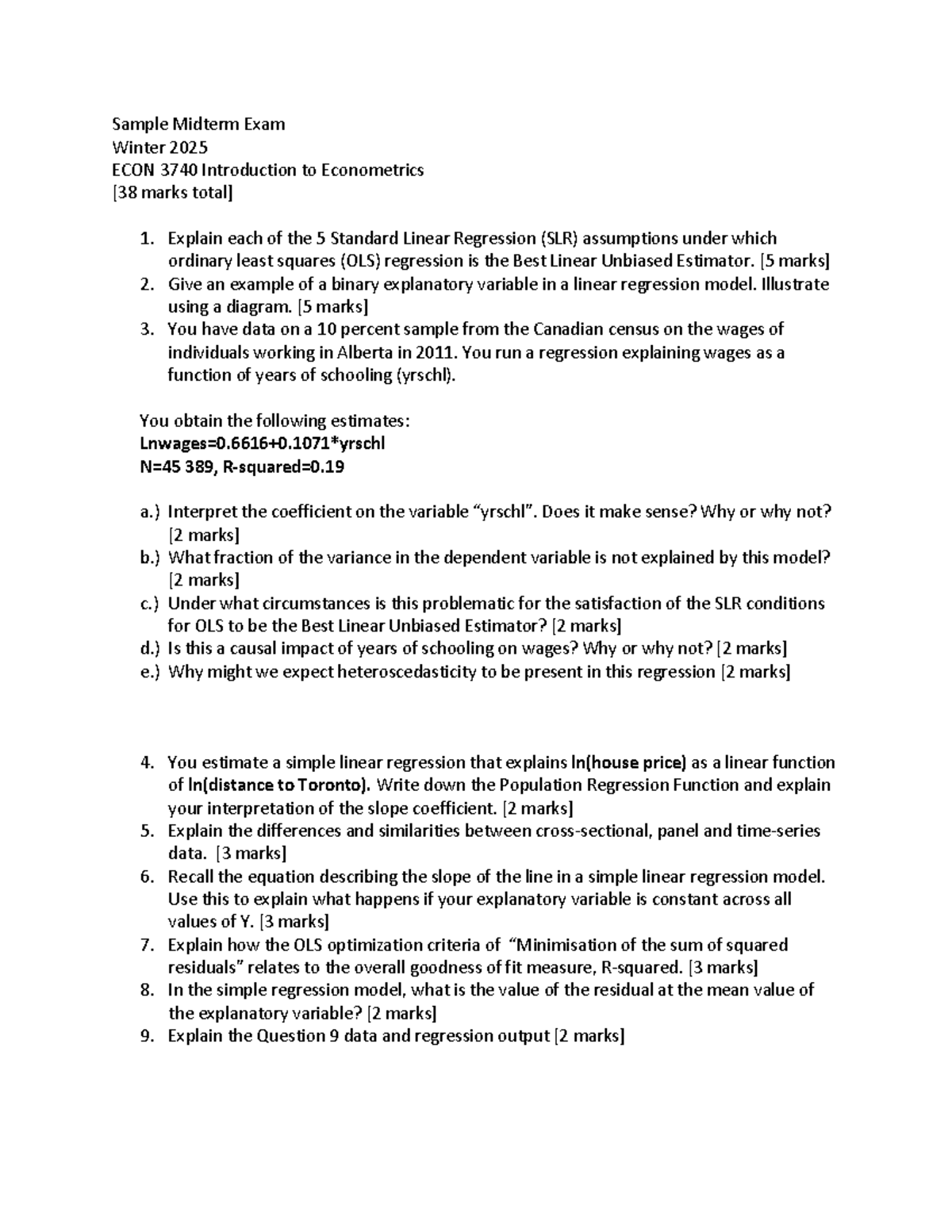 ECON3740 Winter 2025 Sample Midterm Exam - Sample Midterm Exam Winter ...