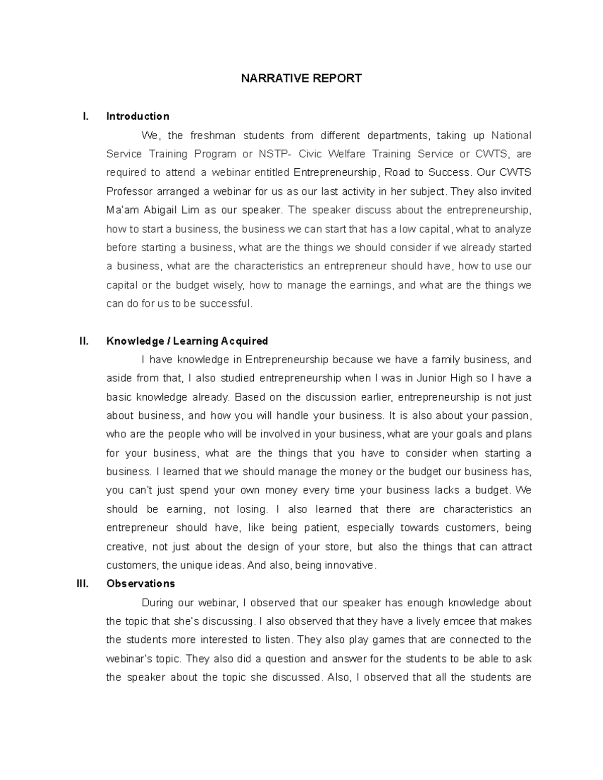 NSTP CWTS Narrative Report on Entrepreneurship Webinar - Studocu
