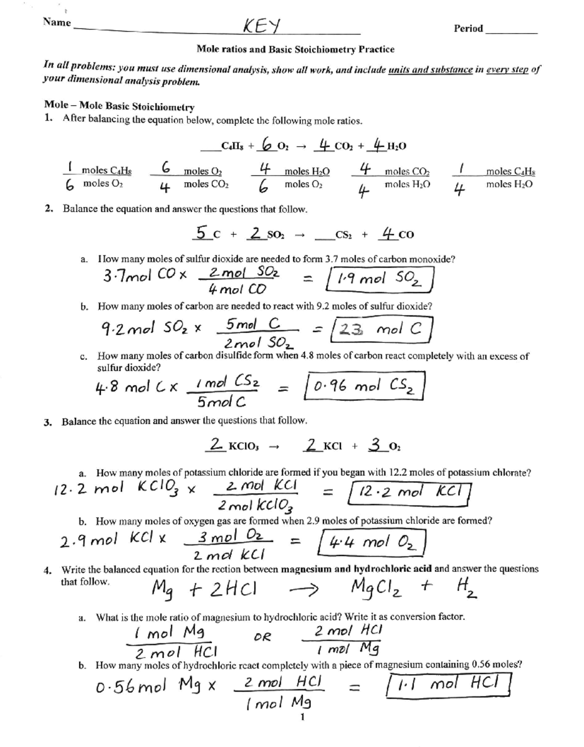 KEY Stoichiometry Practice Packet 2023-2024 - Name KEY Period Mole ...