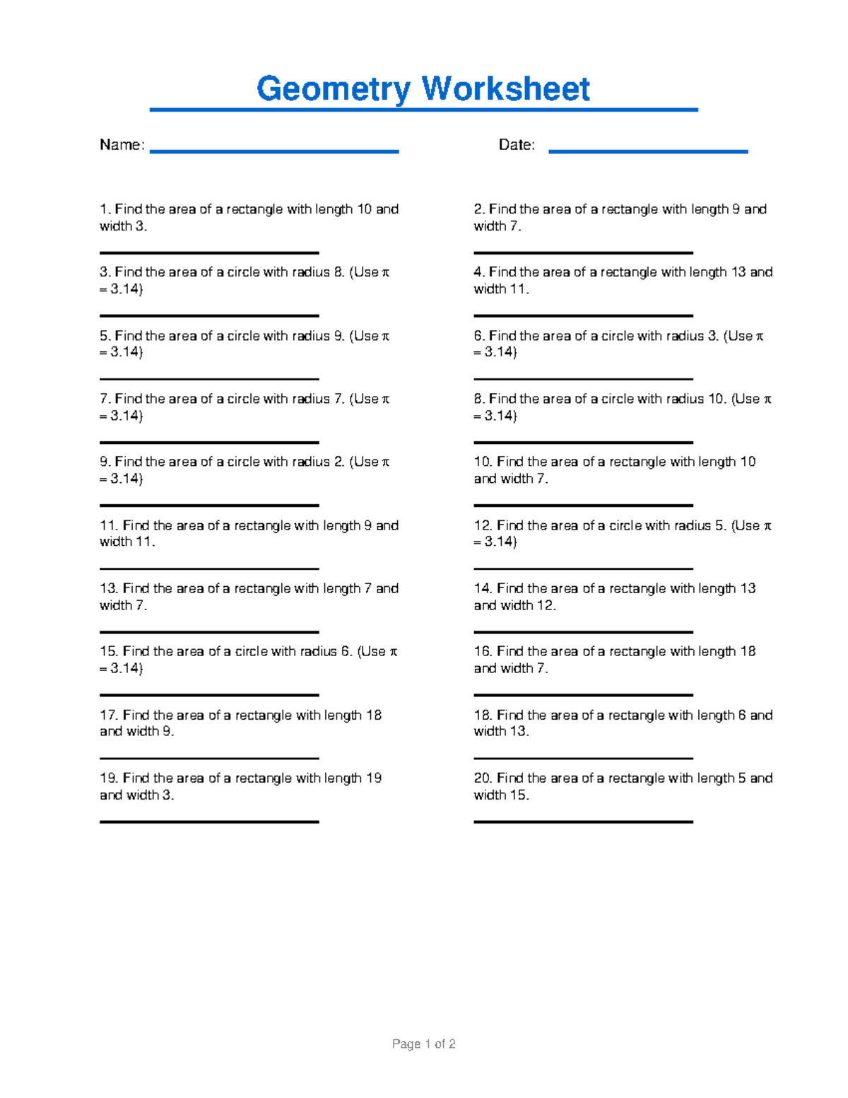 Geometry Worksheet 9: Area Calculations for Rectangles & Circles - Studocu