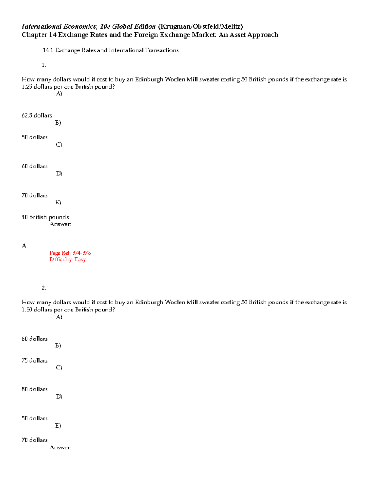 International Economics 10e Quiz - Chapter 14: Exchange Rates - Studocu
