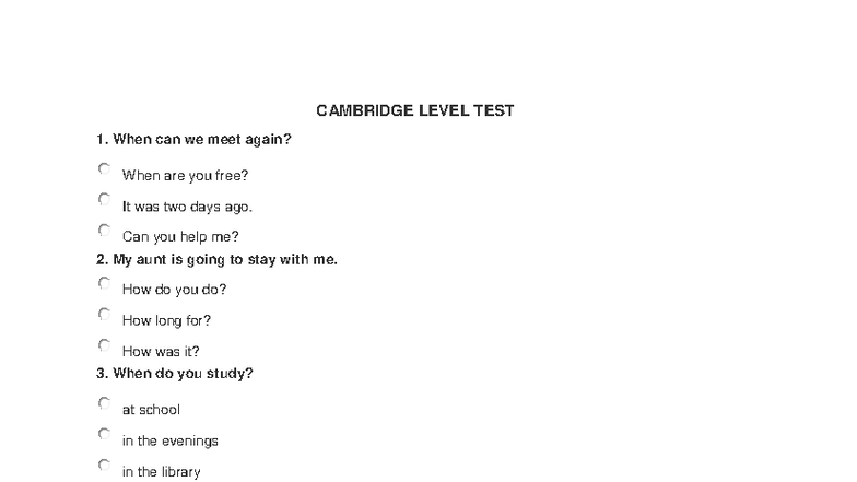 Cambridge Level Test 1 - English Test Practice Questions - Studocu