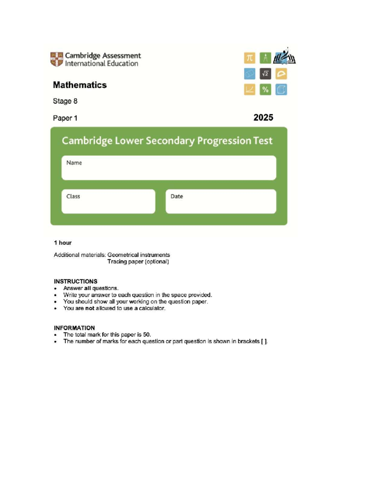 Y8 2025 Mathematics Stage 8 Paper 1 - Cambridge Assessment - Studocu