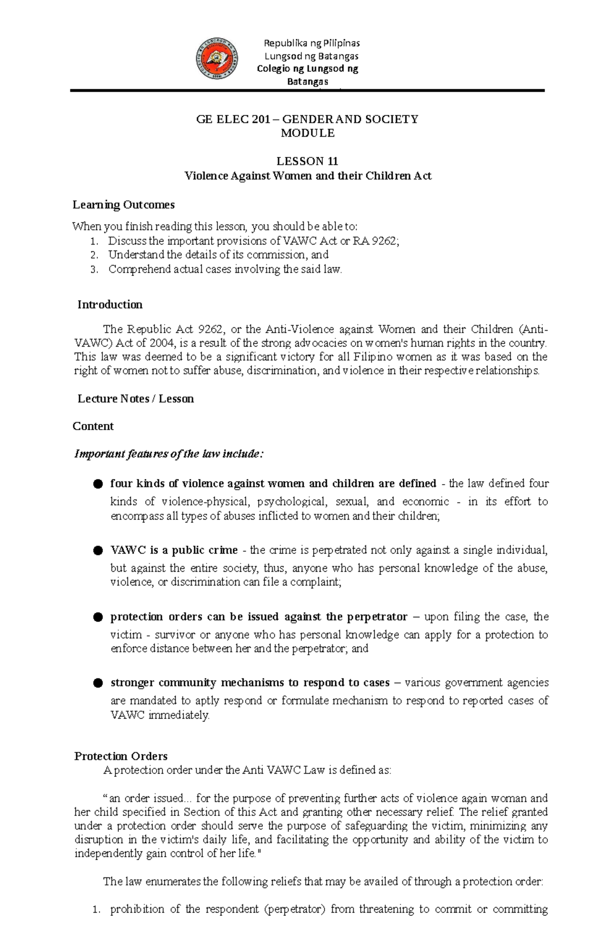 Lesson 11: Understanding RA 9262 - Anti-Violence Against Women ...