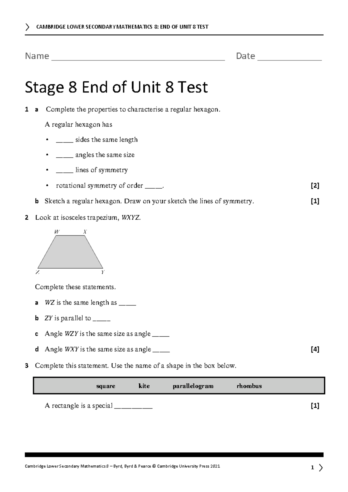 Stage 8 End of Unit 8 Math Test - Cambridge Lower Secondary 8 - Studocu