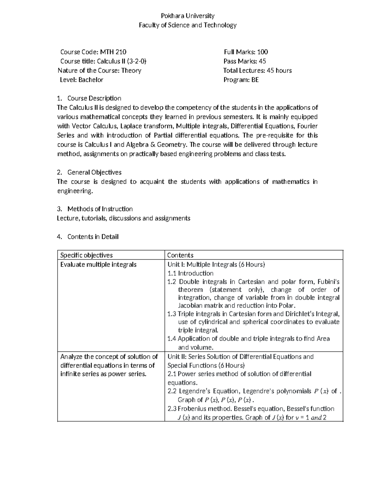 Calculus II Syllabus - MTH 210 - Pokhara University BE Program - Studocu
