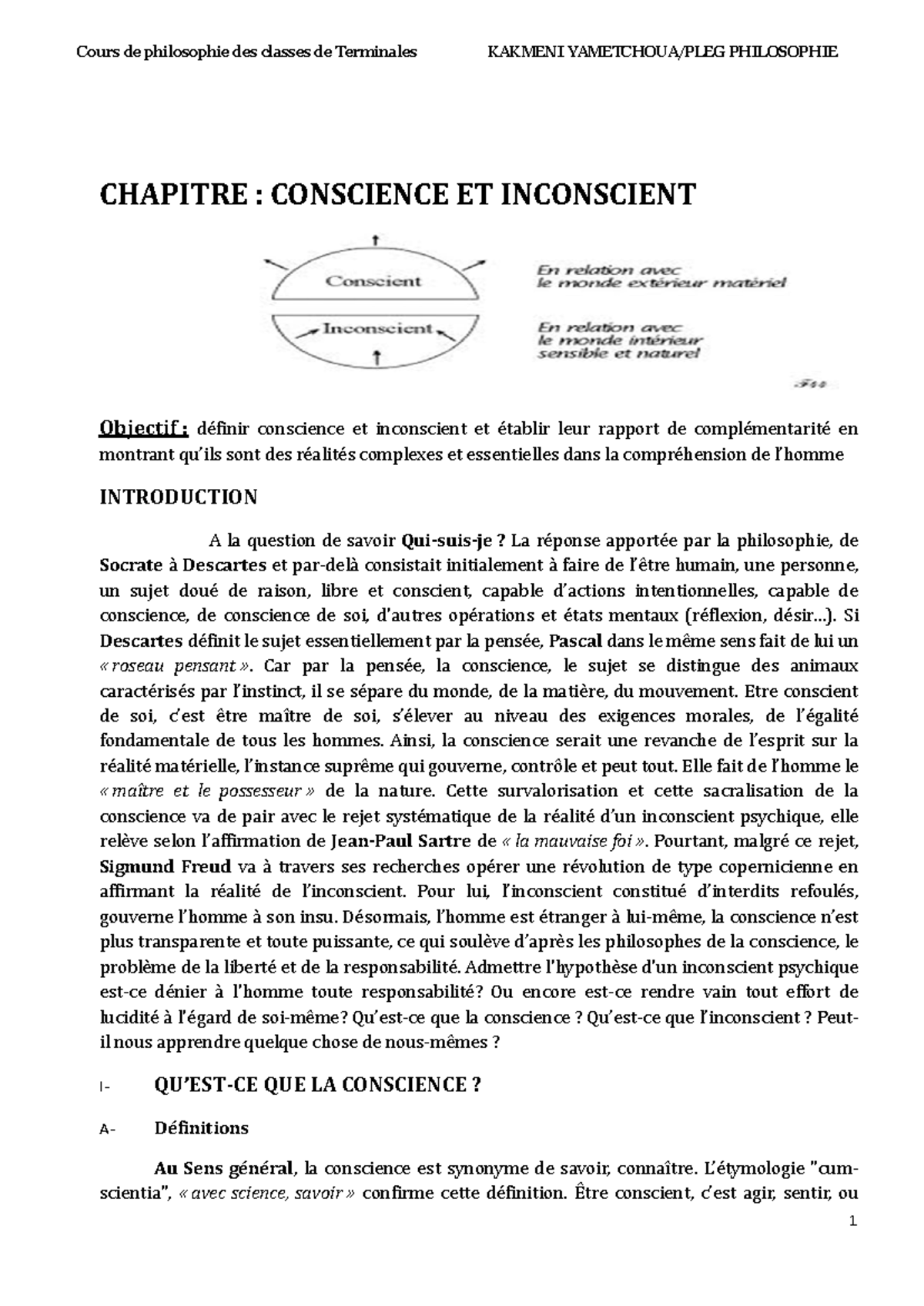 Cours de Philosophie : Final Exam sur la Conscience et l'Inconscient - Studocu