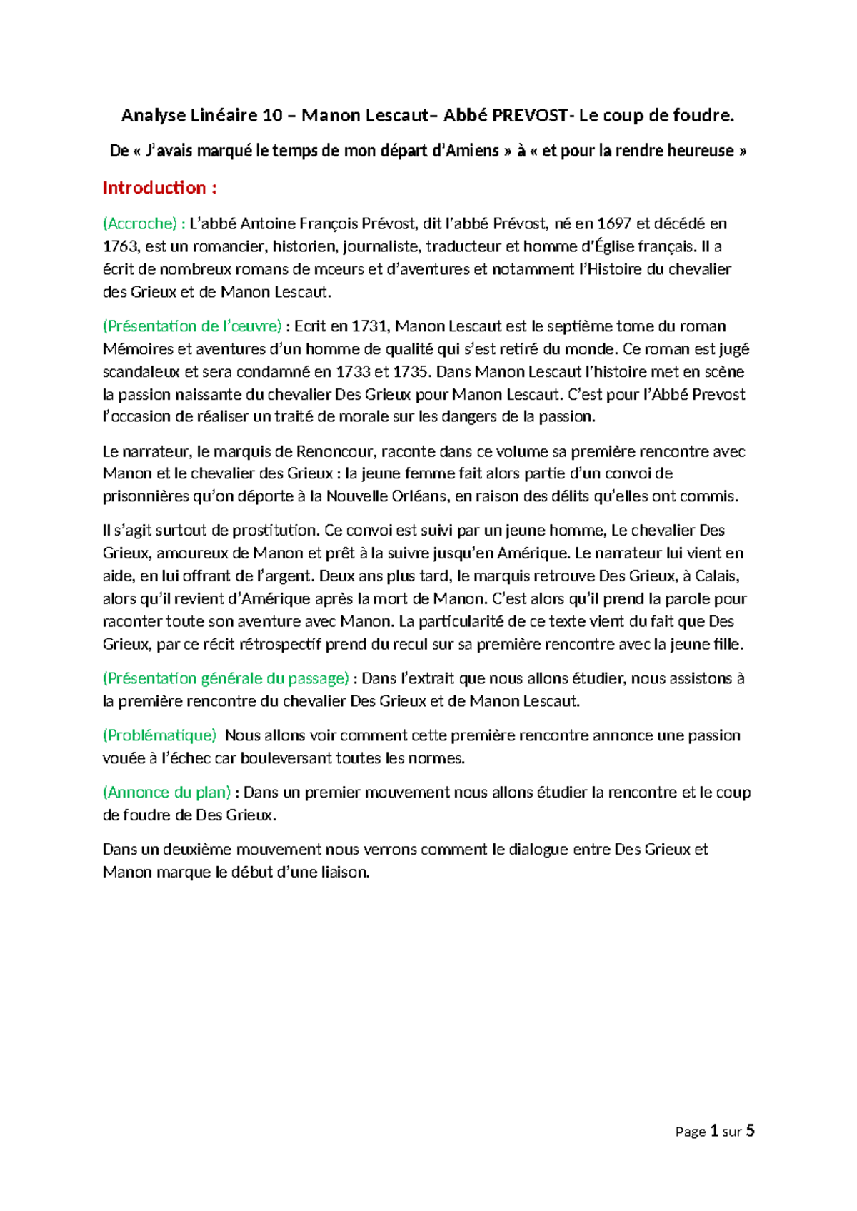 Analyse Linéaire 10 - Manon Lescaut de l’Abbé Prévost : Coup de Foudre - Studocu
