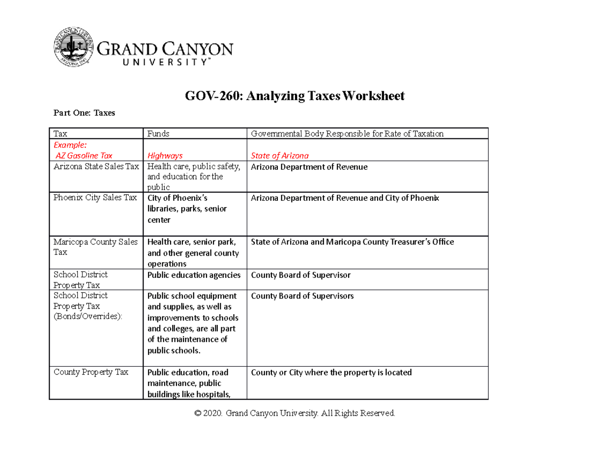Perse GOV-260-Analyzing Tax Worksheet - GOV-260: Analyzing Taxes ...