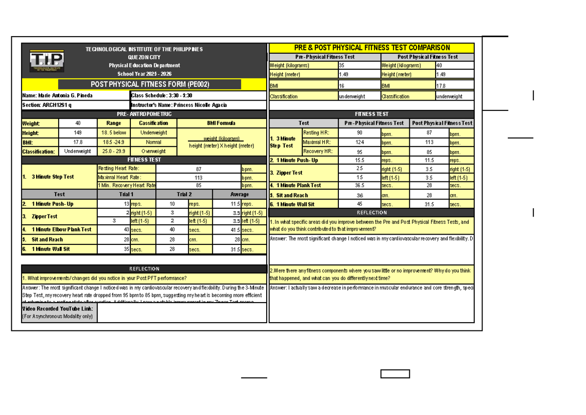 PE002: Pre and Post Physical Fitness Test Analysis - Pineda - Studocu