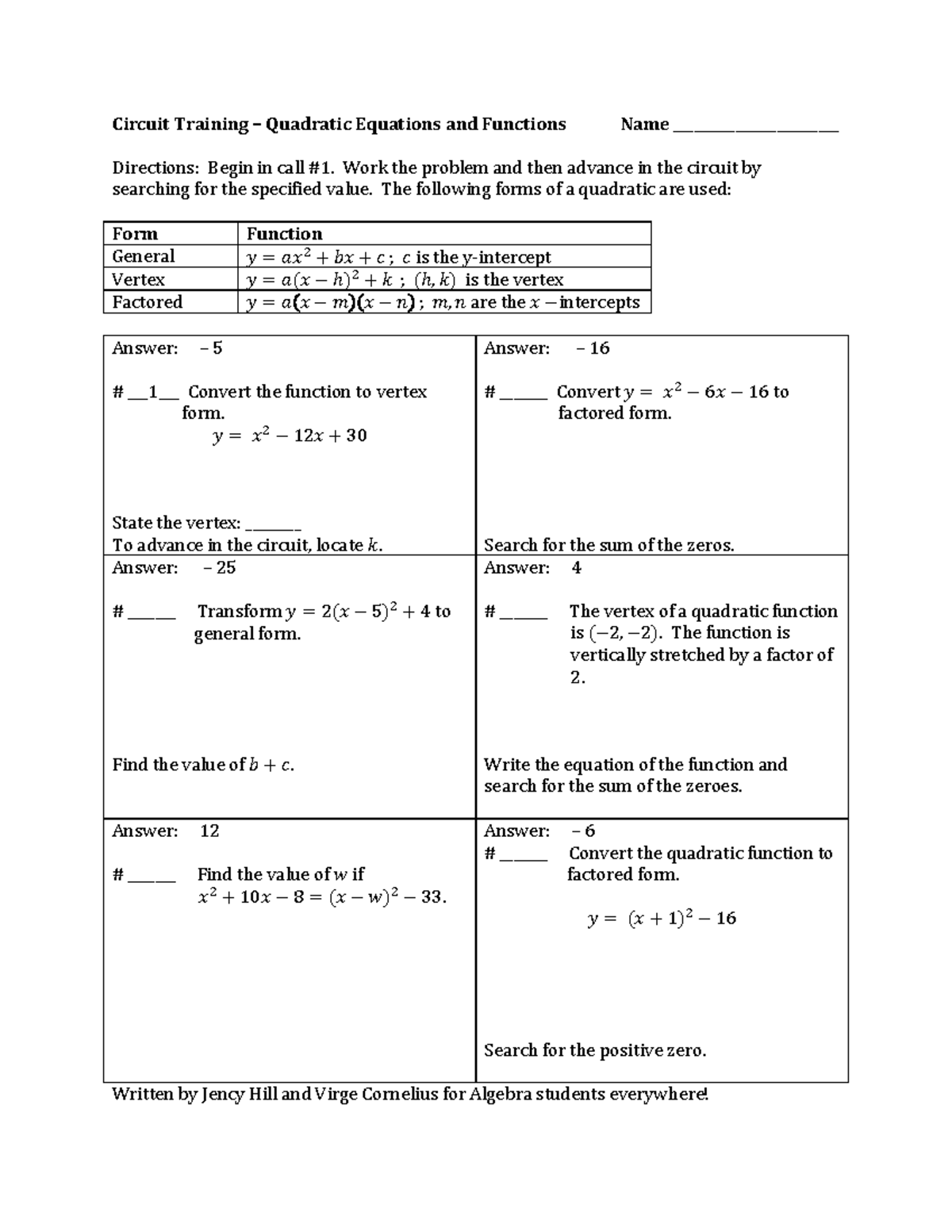 Circuit Training: Quadratic Functions & Equations (Algebra 1) - Studocu
