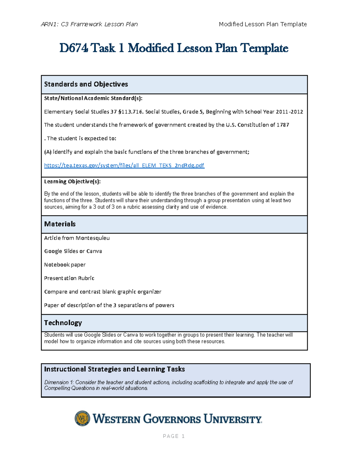 ARN1: C3 Framework Lesson Plan on Separation of Powers D674 Task 1 ...