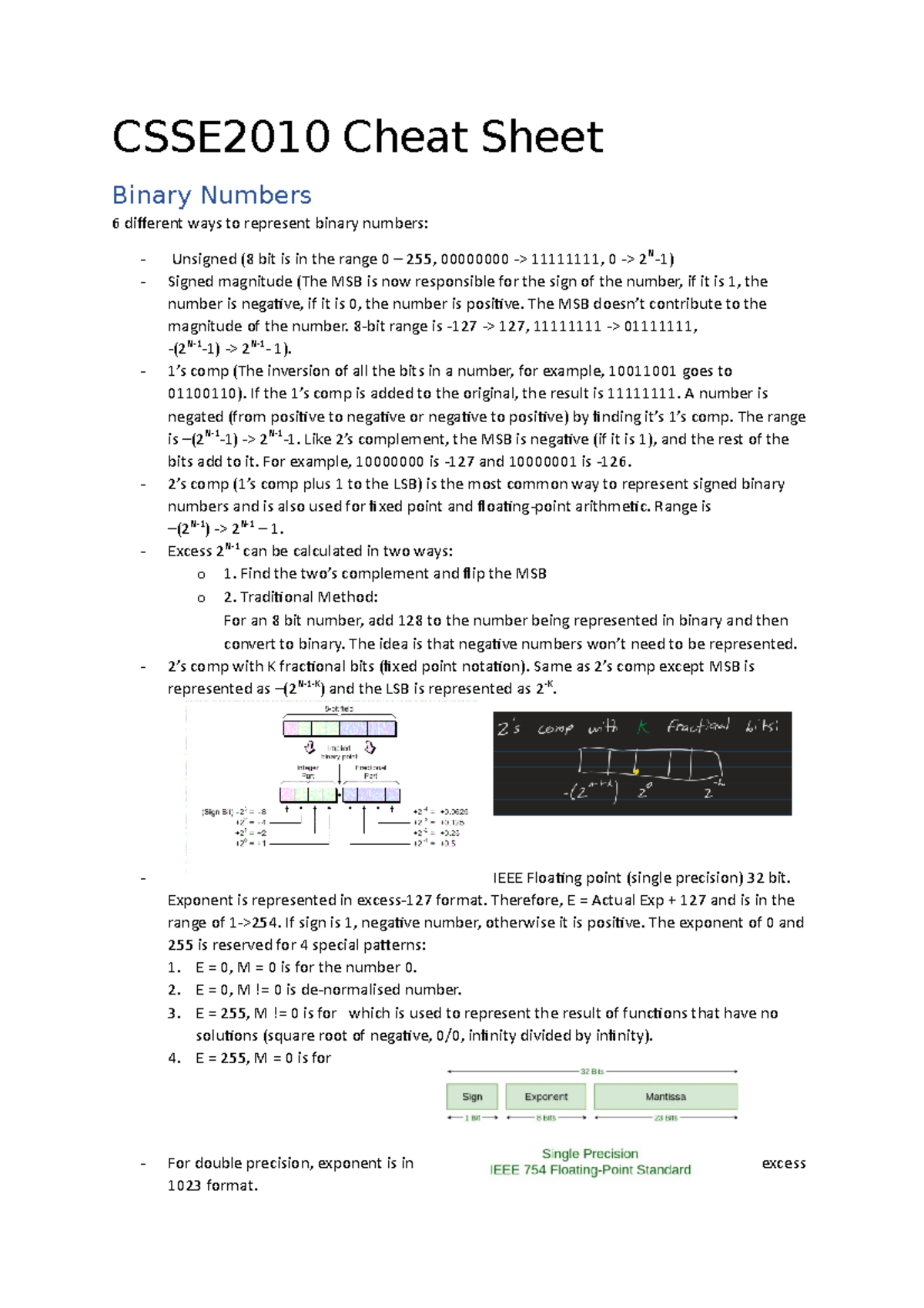 Cheat Sheet - Notes - CSSE2010 Cheat Sheet Binary Numbers 6 different ...