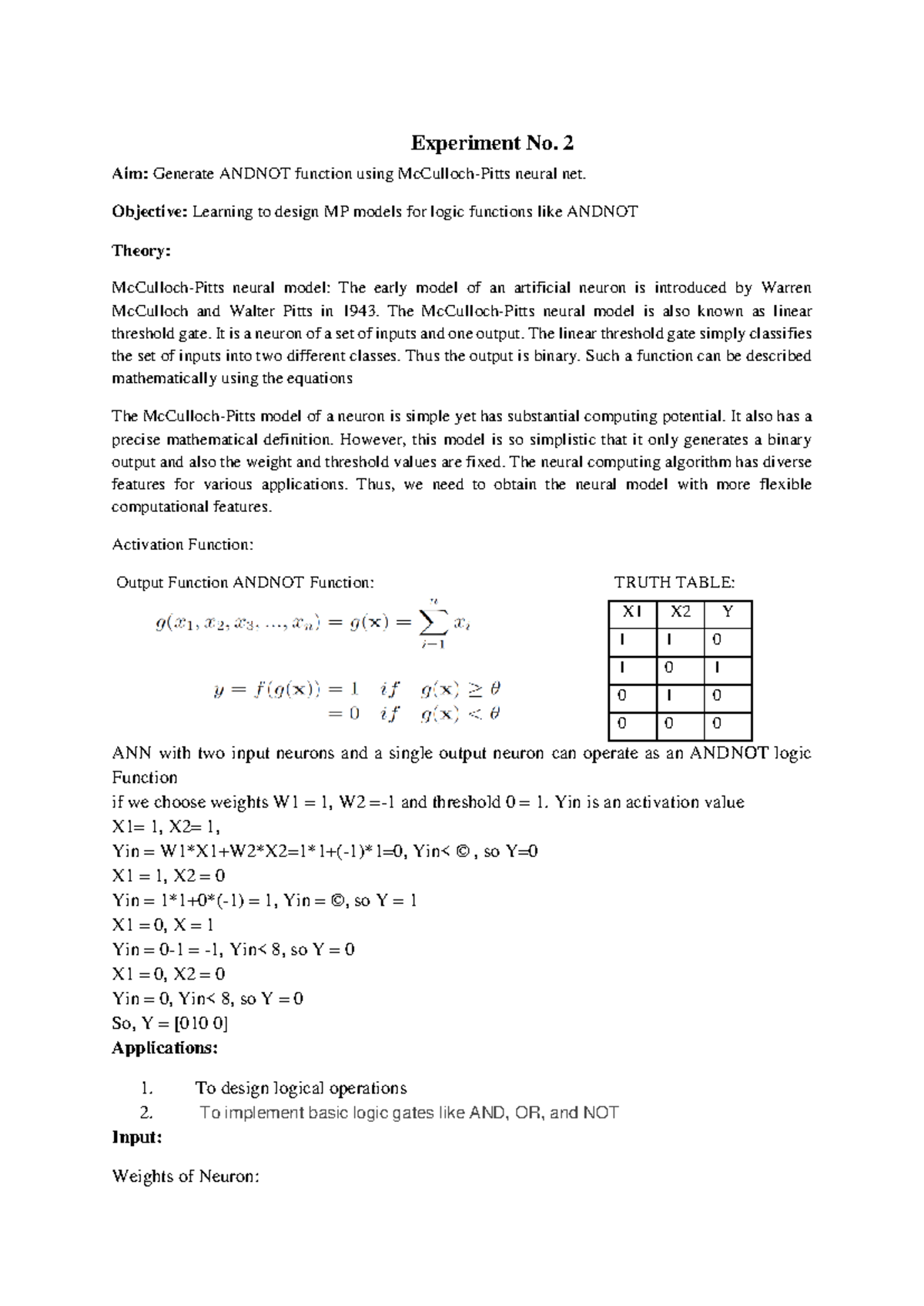 Experiment No. 2: Implementing ANDNOT Function with McCulloch-Pitts Model - Studocu