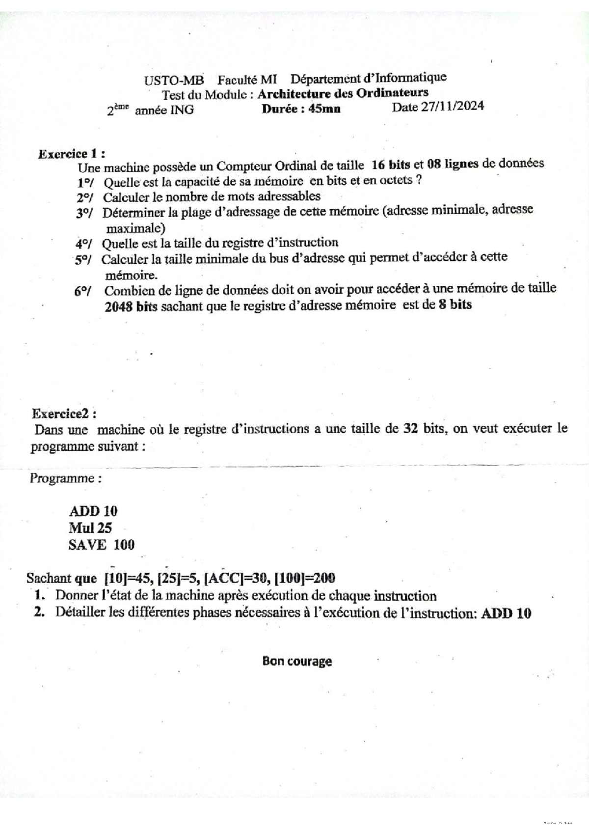 Test AO (2024 2025) - TD 1: Architecture des Ordinateurs - Studocu