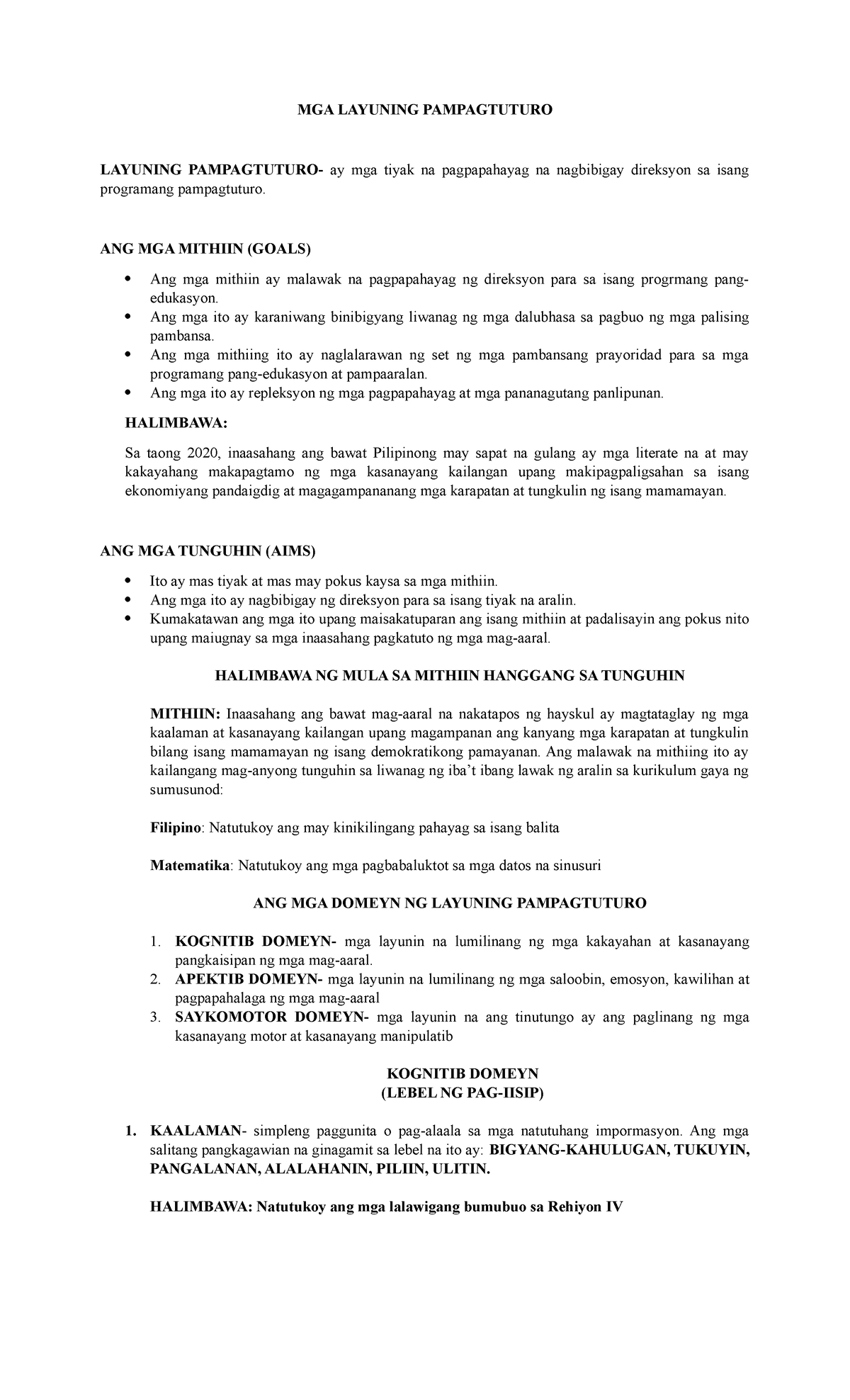 Layuning Pampagtuturo: Mga Mithiin, Tunguhin, at Banghay-Aralin - Studocu