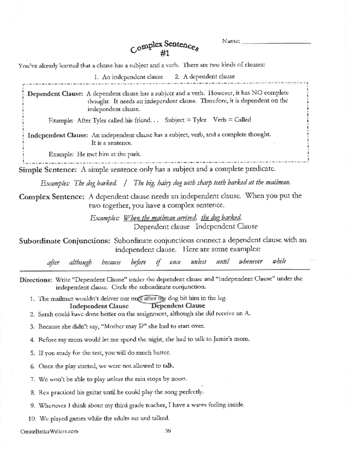 Complex Sentence Practice - Name: Complex Sentences already learned ...