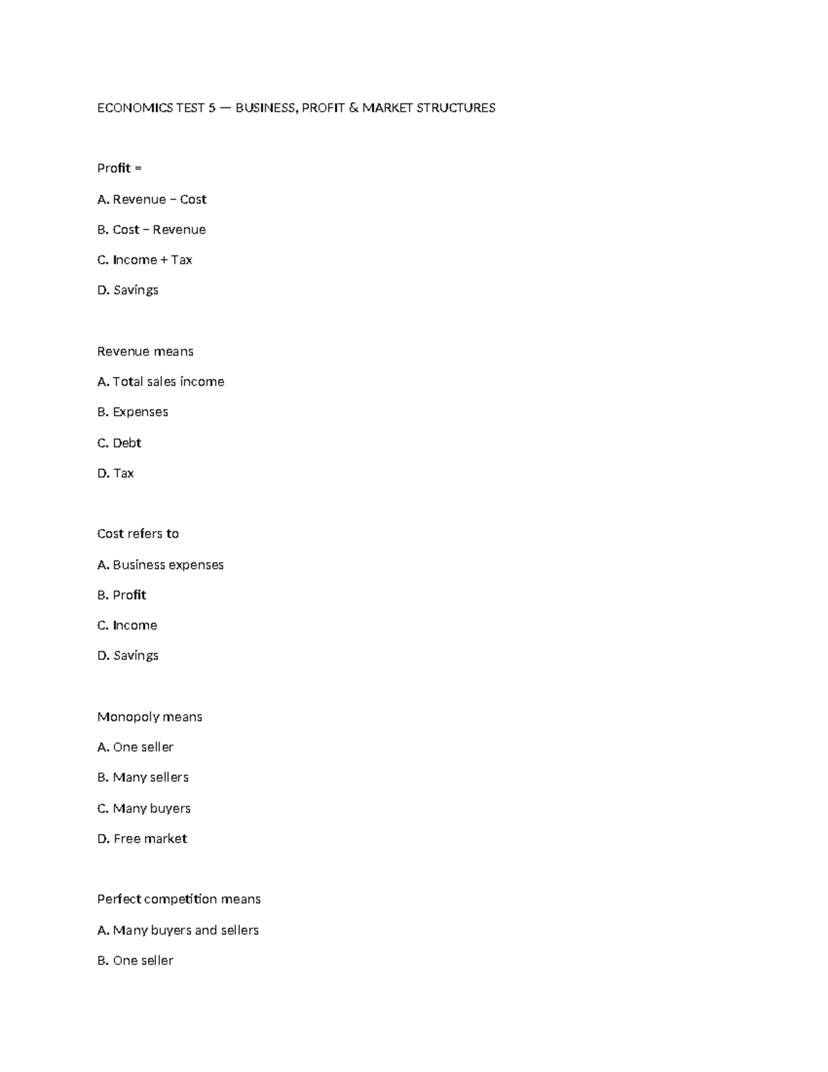 ECON 101: Test 5 - Business Concepts & Market Structures - Studocu
