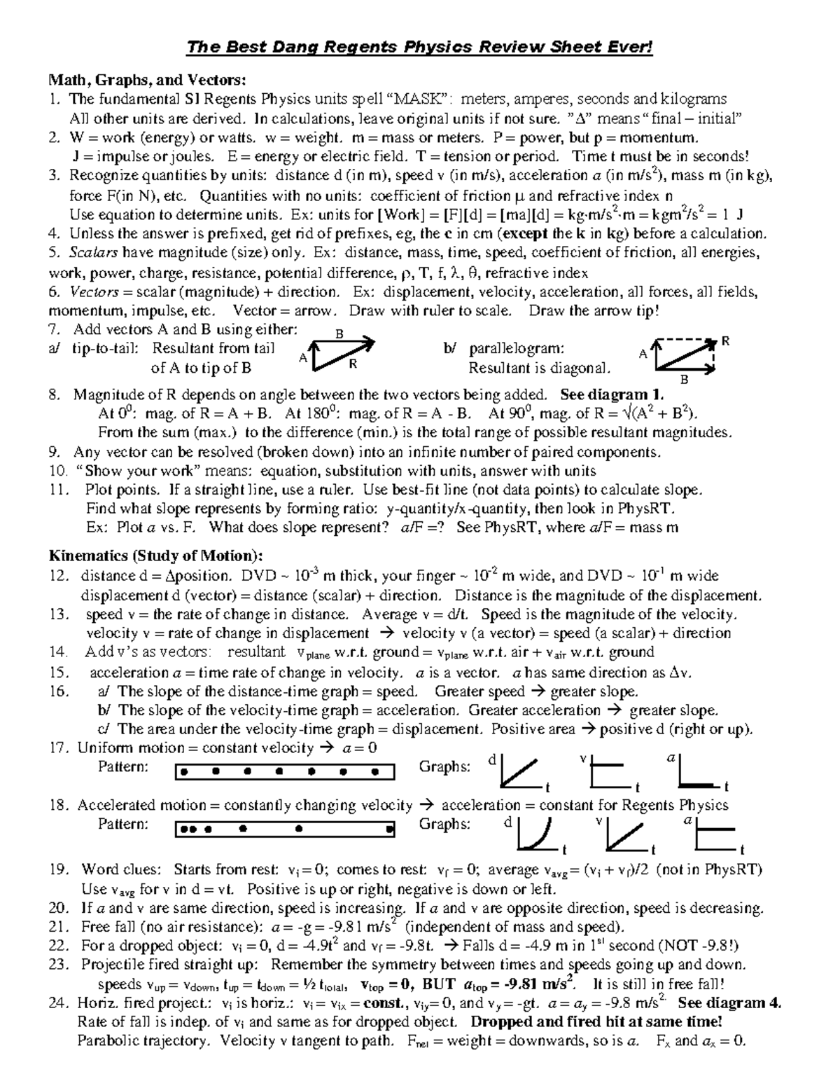 Physics Regents Review Sheet - d t t v t a d t t v t a A B R A B R The ...