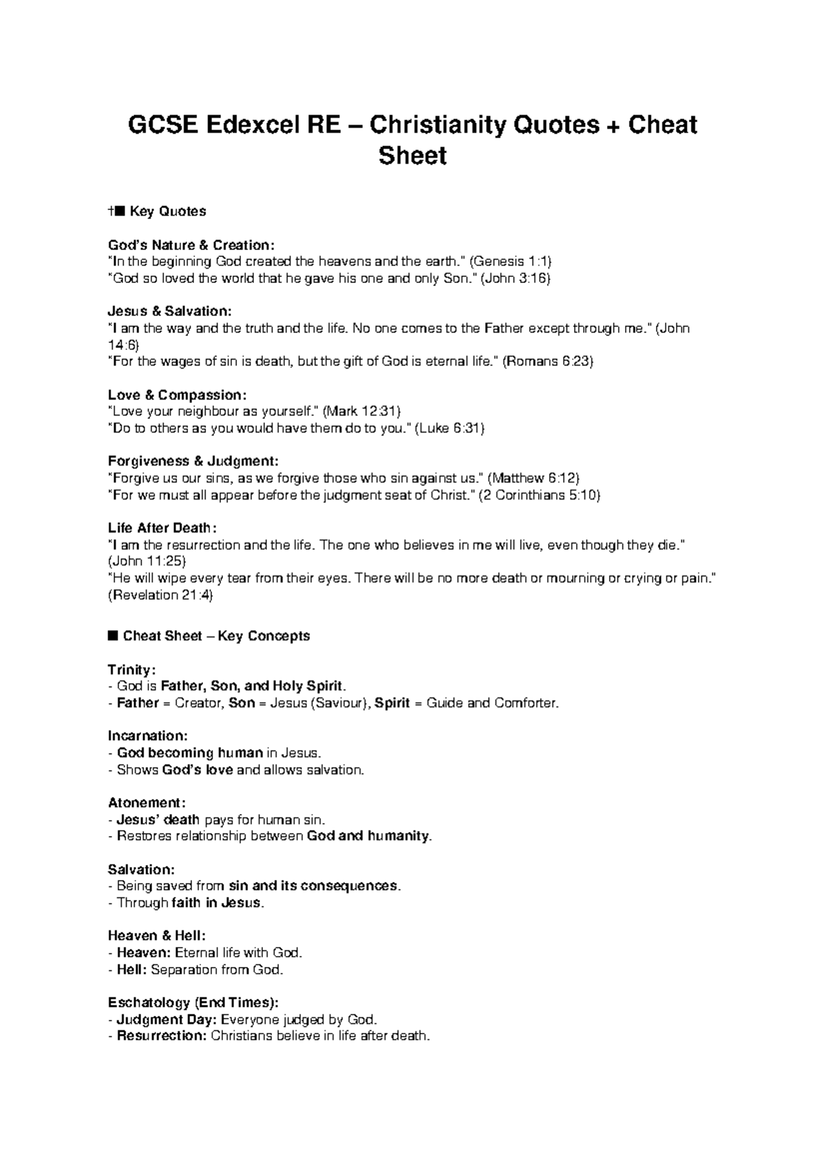 GCSE Edexcel RE Christianity Key Quotes & Concepts Cheat Sheet - Studocu