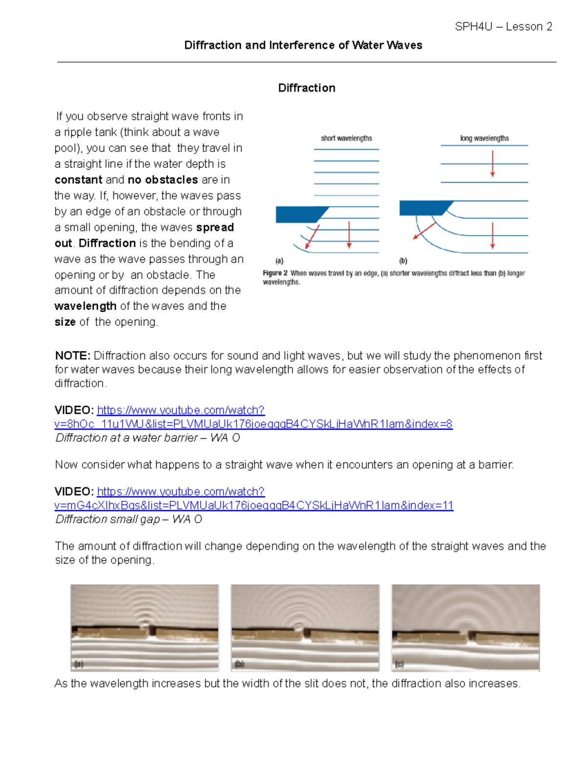 SPH4U – Lesson 2: Diffraction and Interference of Water Waves - Diffraction and Interference of ...