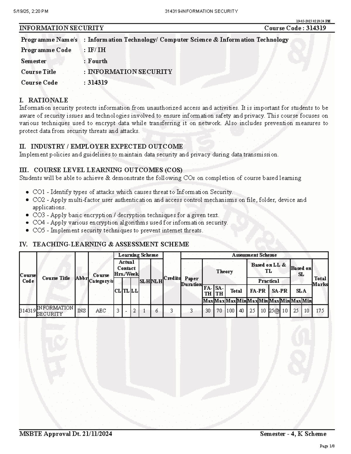 INFORMATION SECURITY Course Code: 314319 - Semester 4 Overview and ...