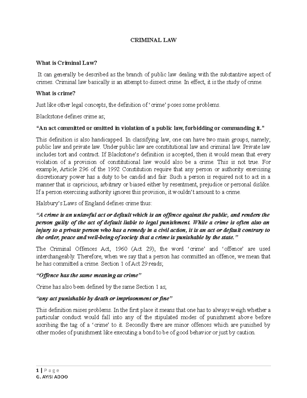 UWI - Criminal Law 1 - Case Summaries - Criminal law 1 Case Summaries ...