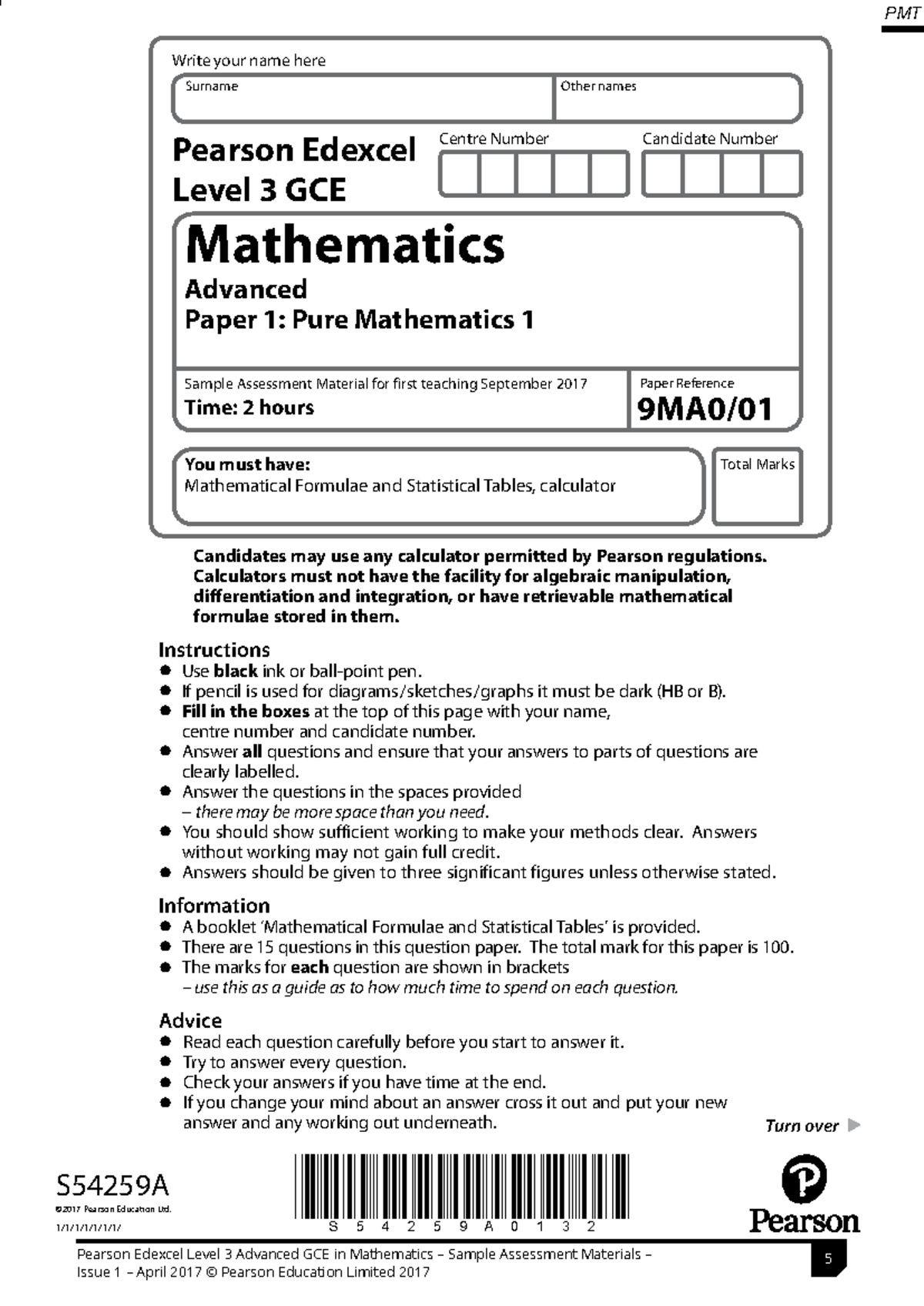Mathematics A Level 3 GCE Paper 1: Pure Math Sample Assessment - Studocu