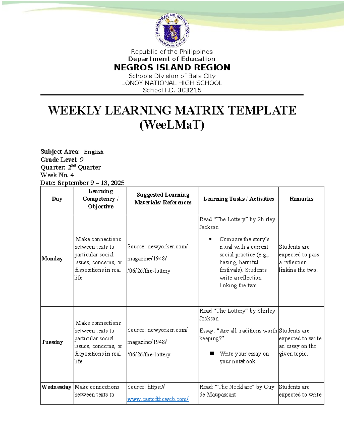 Weekly Learning Matrix (WeeLMaT) for English 9 - 2nd Quarter Week 4 ...