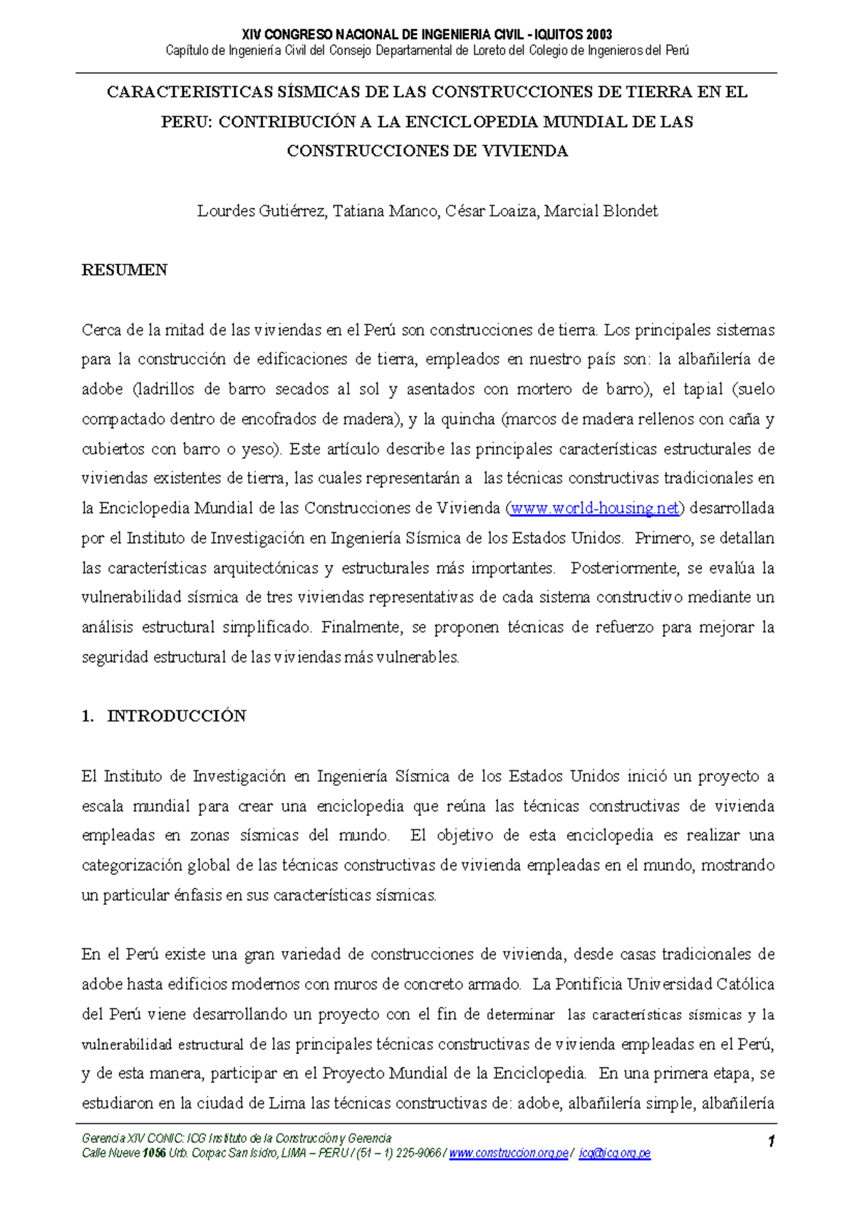 Características Sísmicas de Construcciones de Tierra en Perú: XIV CONIC ...