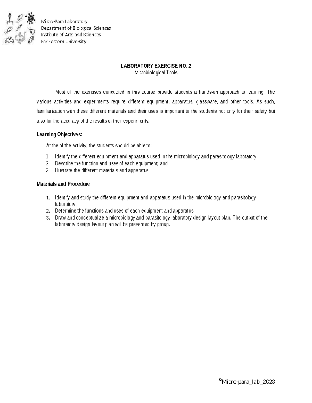 Micro-Para Lab Exercise 2: Equipment & Safety Overview - Studocu