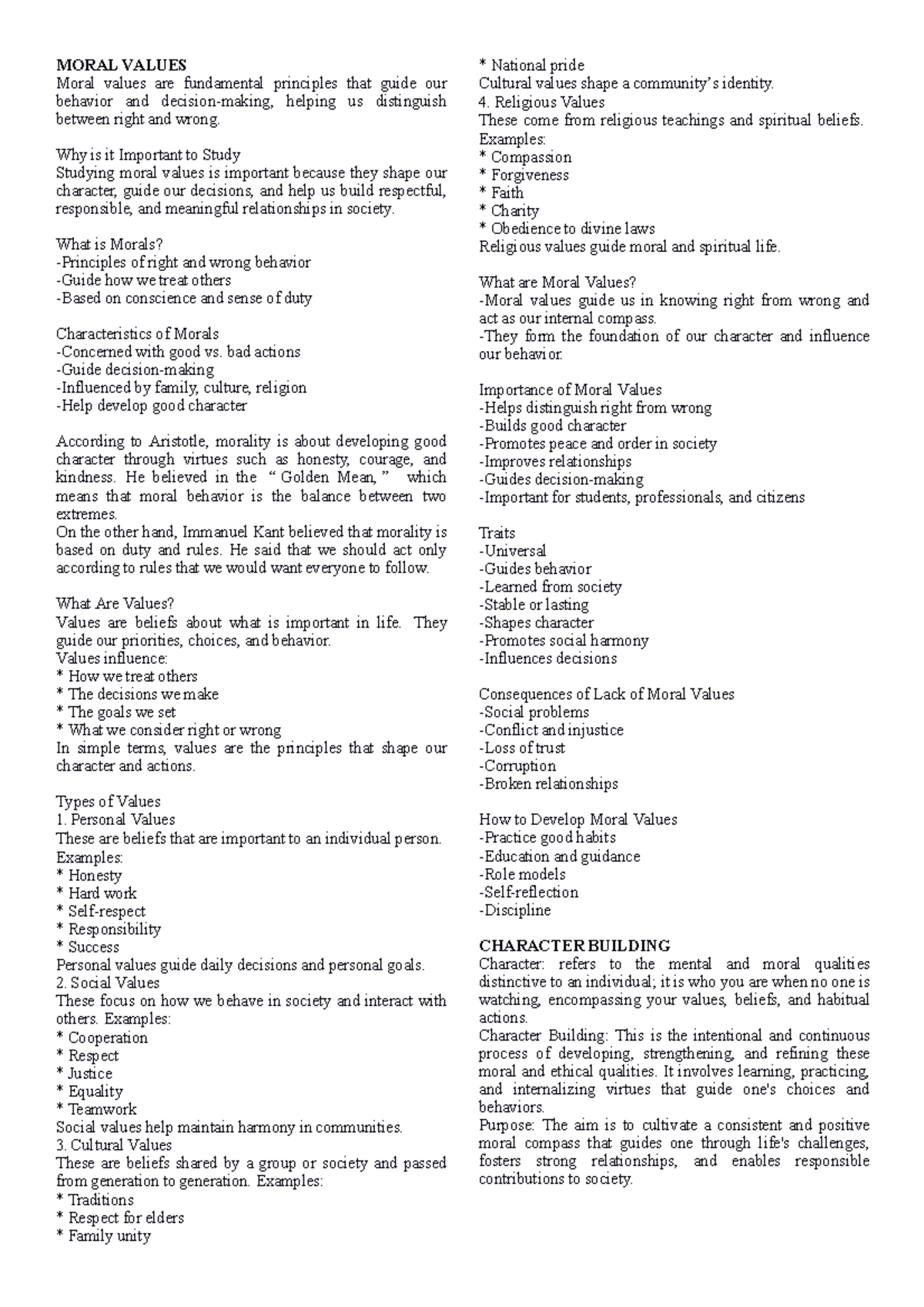 Ethics Midterm - Reviewer: Understanding Moral Values and Character ...