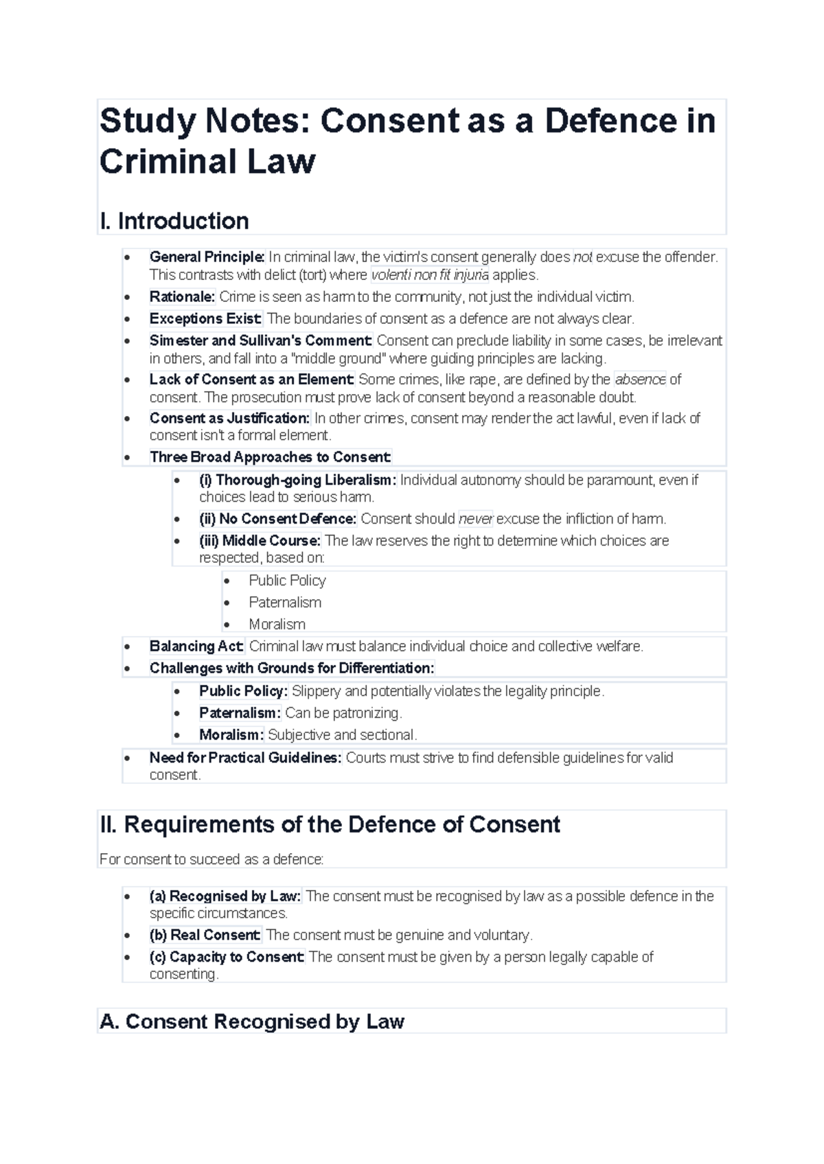 Criminal LAW Research - Study Notes: Consent as a Defence in Criminal ...