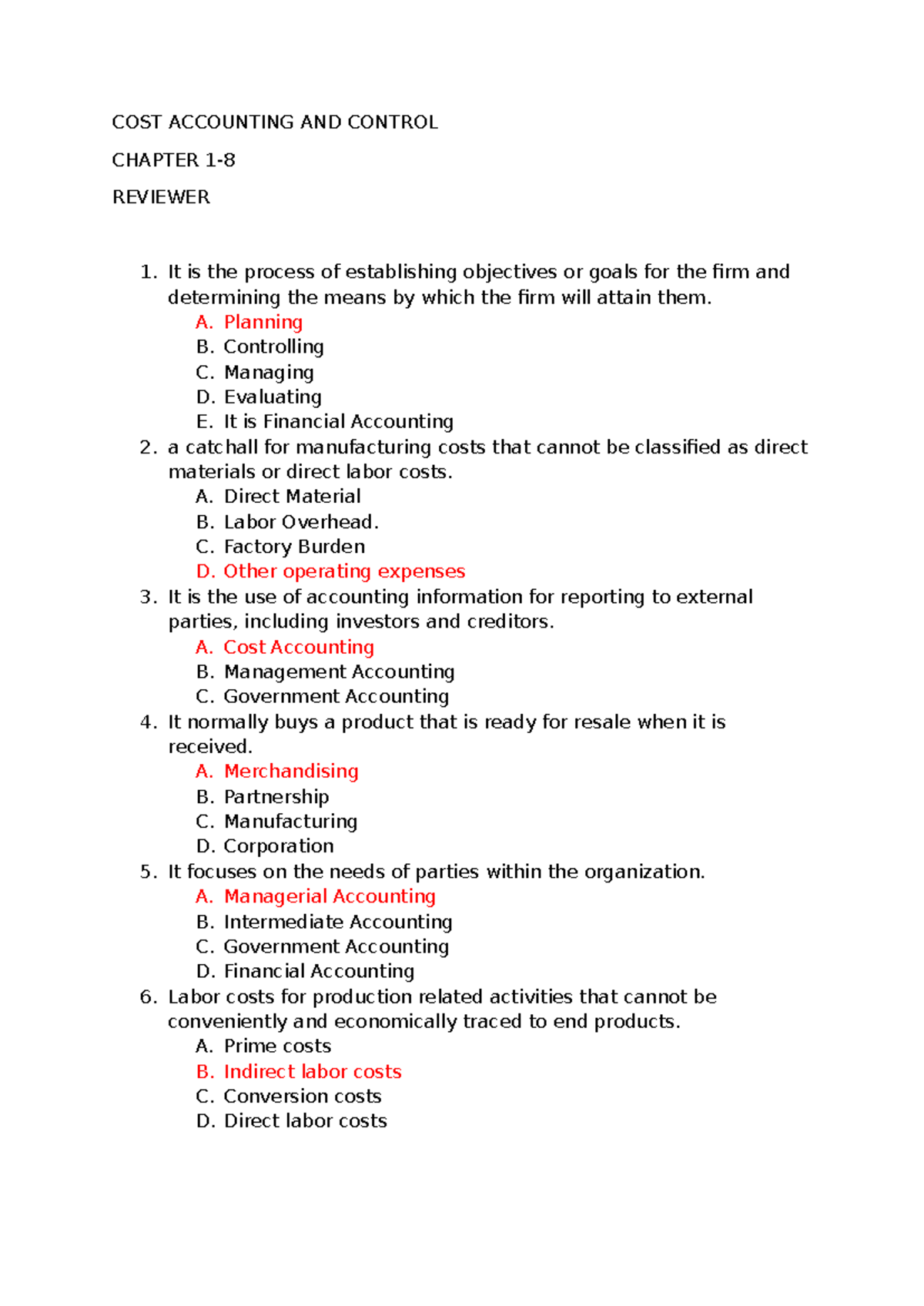 COST ACCOUNTING (COST 101) CHAPTER REVIEWER 1: KEY CONCEPTS AND TERMS ...
