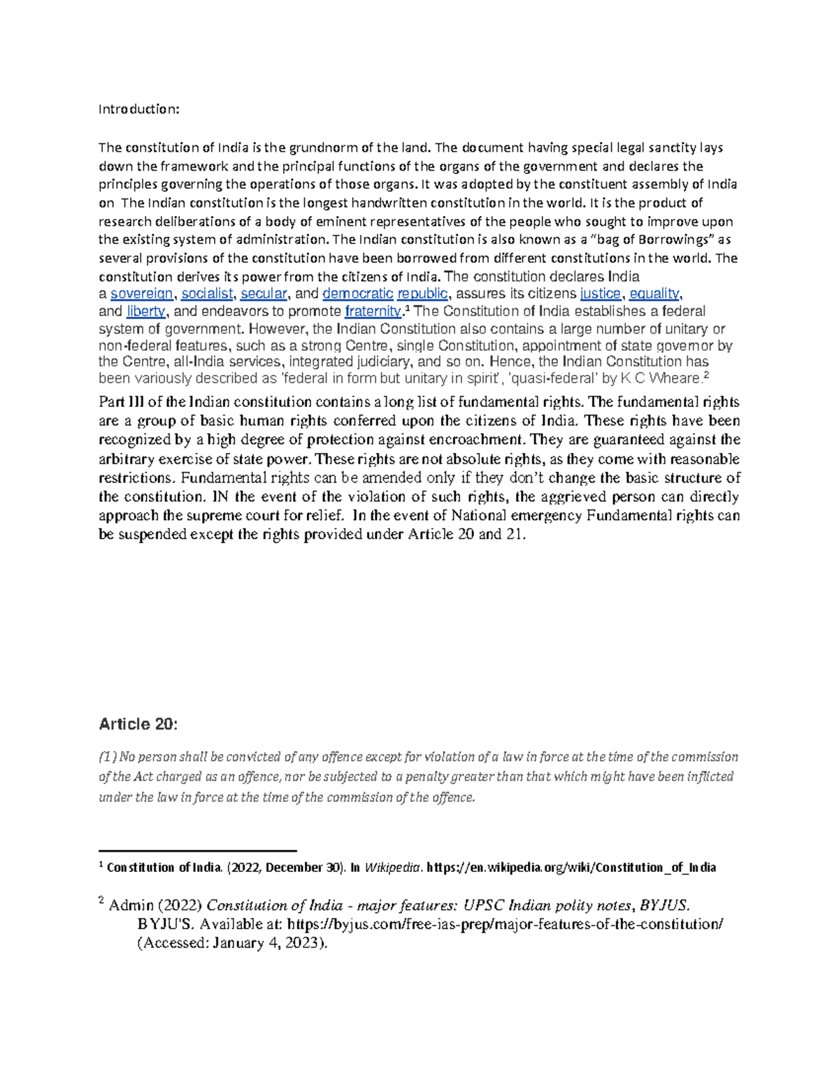 Article 20 - Introduction: The constitution of India is the grundnorm ...