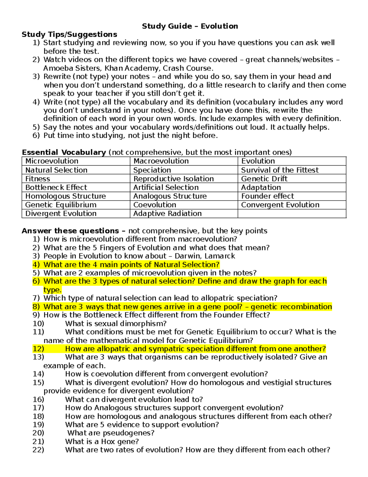 Evolution Study Guide (Course Code: BIO101) - Key Notes and Tips - Studocu