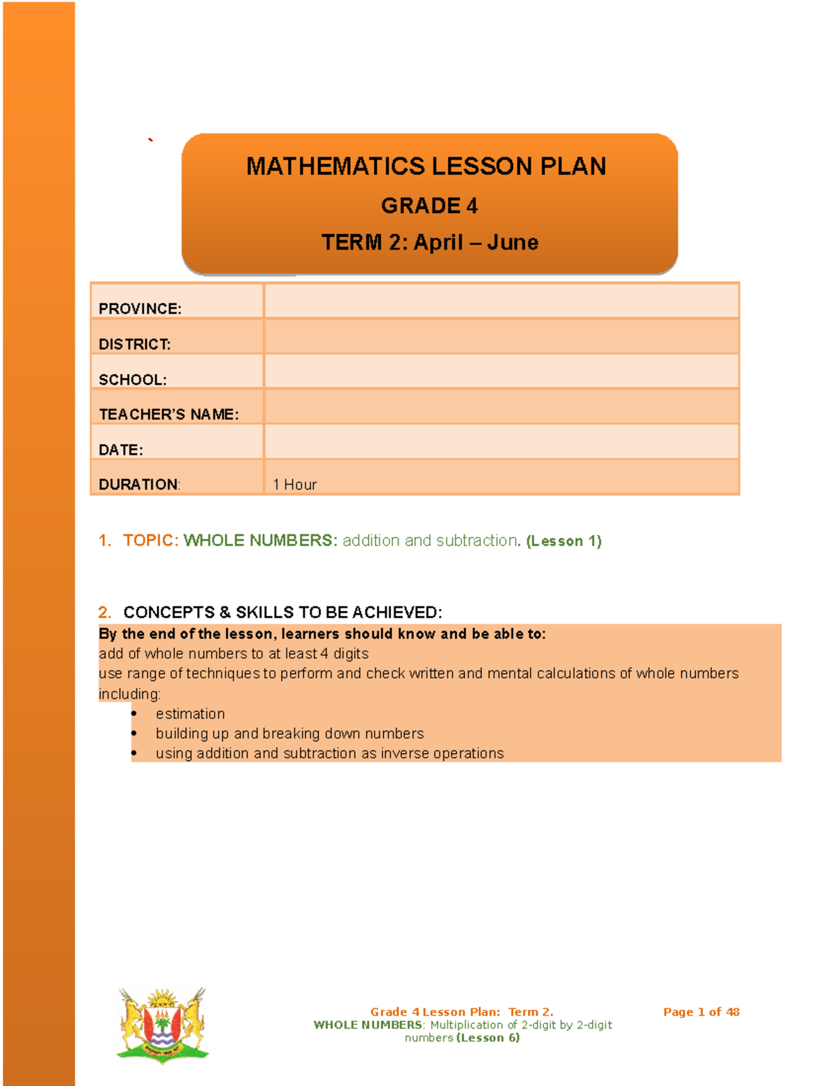 Maths Grade 4 Lesson Plans: Whole Numbers and Operations (Term 2) - Studocu