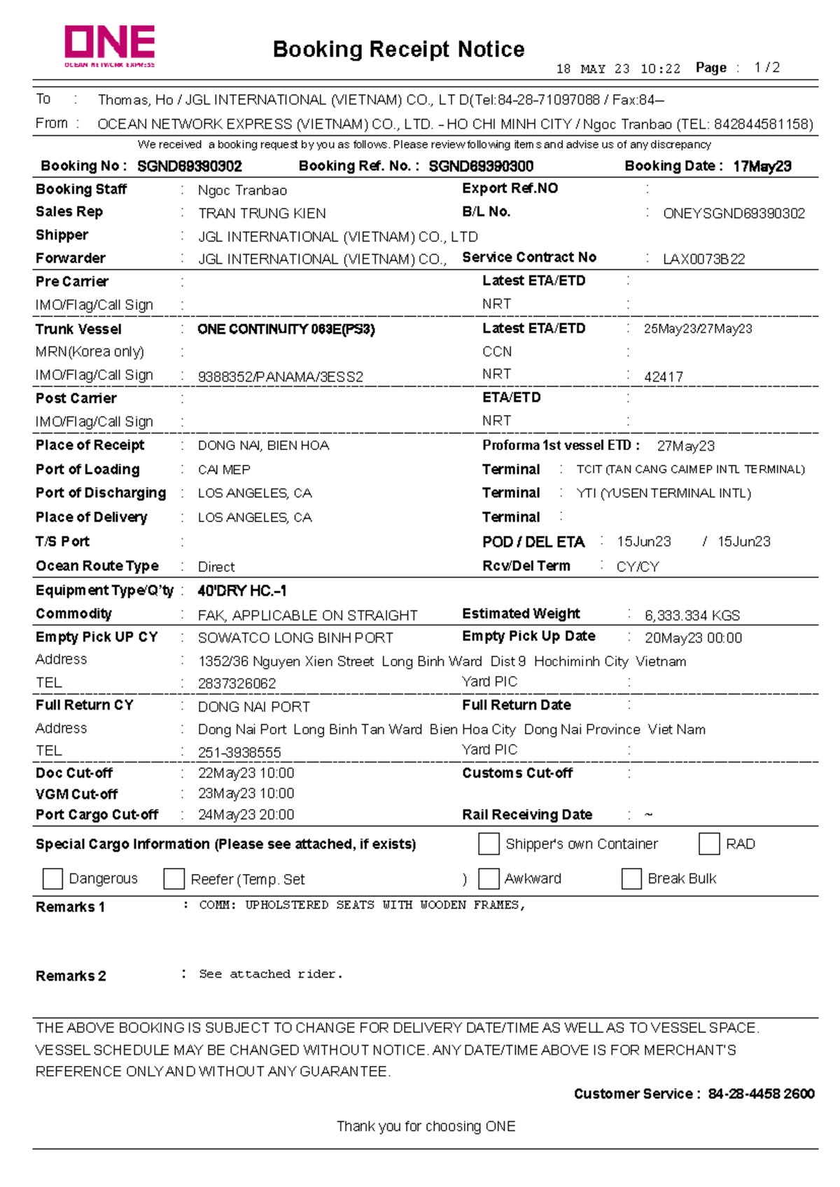 SGND69390302 Booking Receipt - JGL International Shipping Details - Studocu