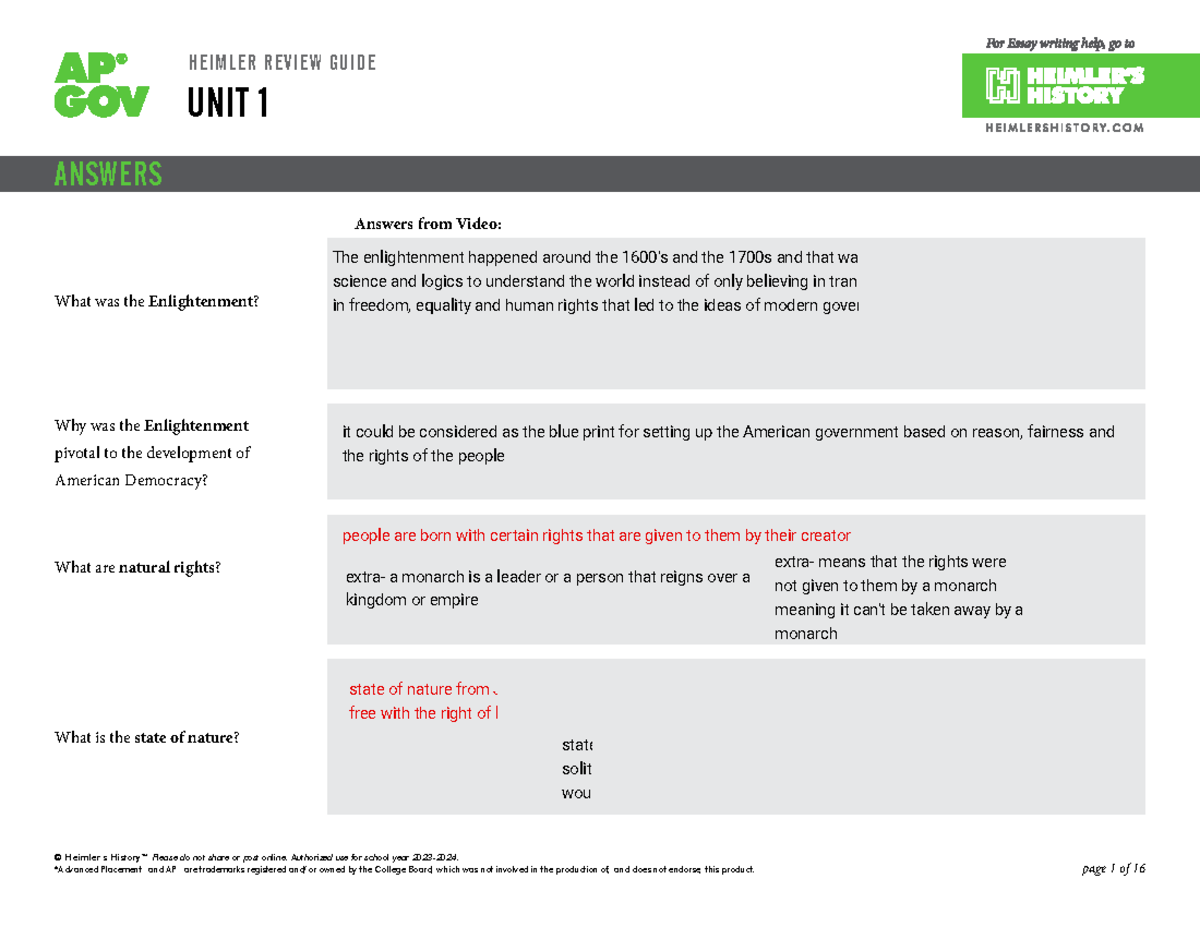 HEIMLER REVIEW GUIDE: AP GOV Unit 1 Key Concepts and Answers - Studocu