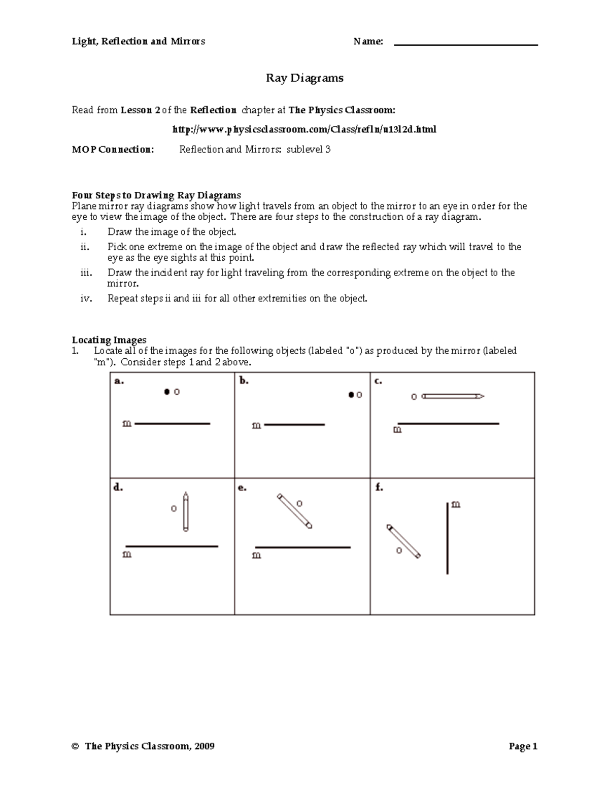 Ray Diagram Worksheet - Lesson Review on Light & Mirrors - Studocu