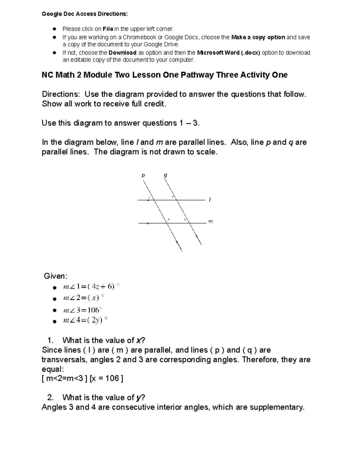 NC Math 2 Module 2 Lesson 1 Pathway 3 Activity 1 Directions - Studocu