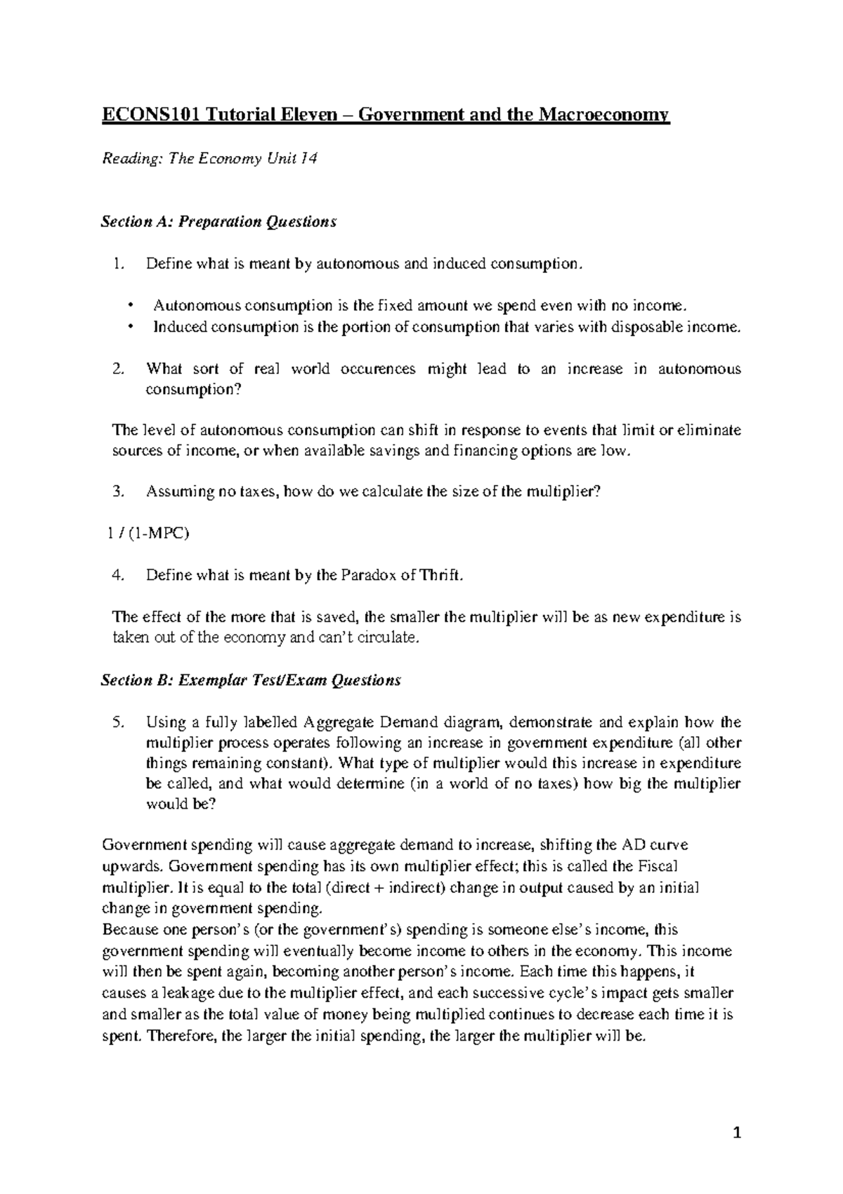 ECONS101 Tutorial 11: Understanding Government and the Macroeconomy ...