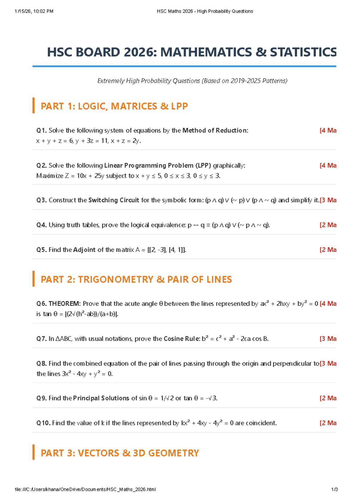 HSC 2026 Maths: High Probability Questions & Solutions - Studocu