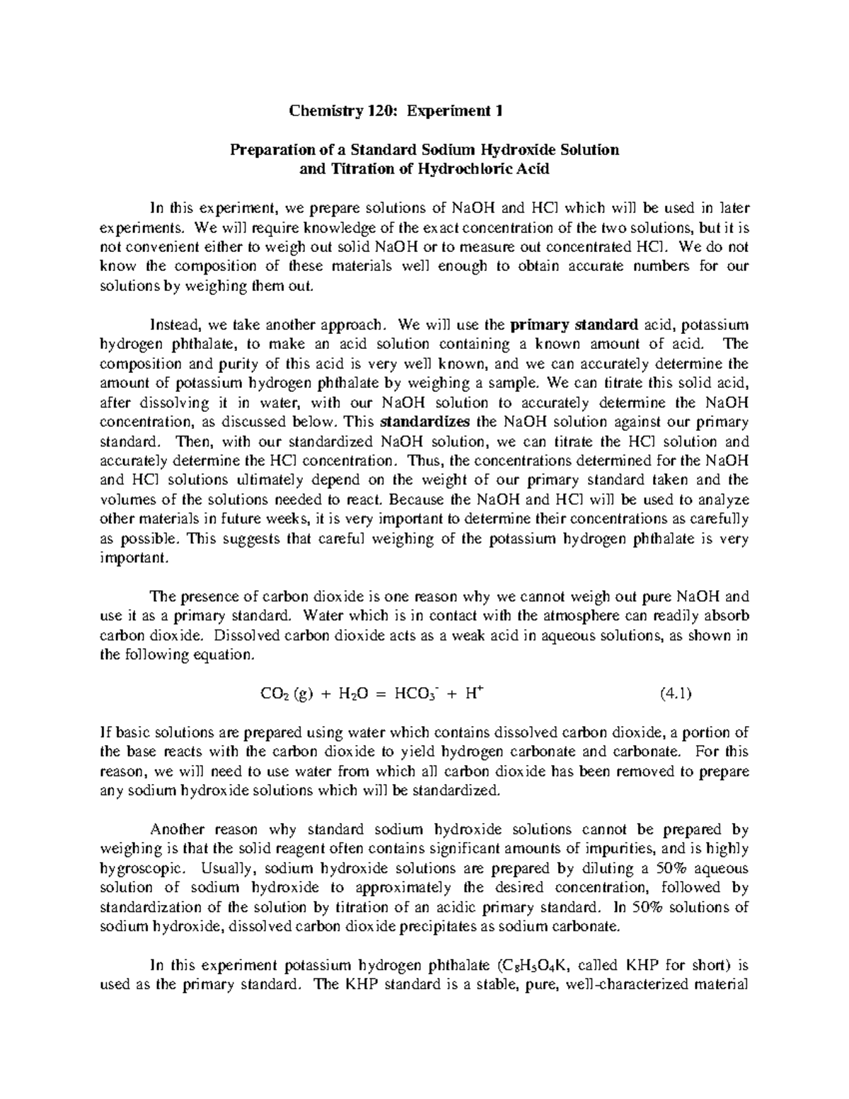 Chem 120 - Lab 1 - Preparation and Standardization of NaOH Solutions ...