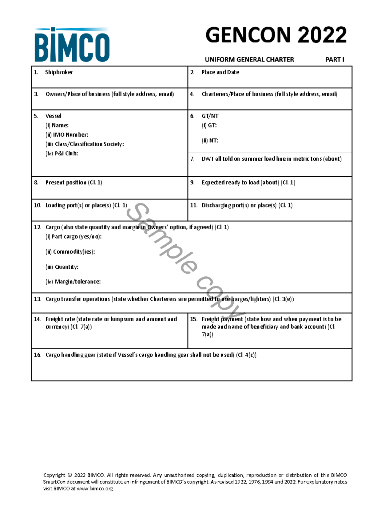 GENCON 2022 - Sample Copy của BIMCO cho Hợp đồng Charter - Studocu