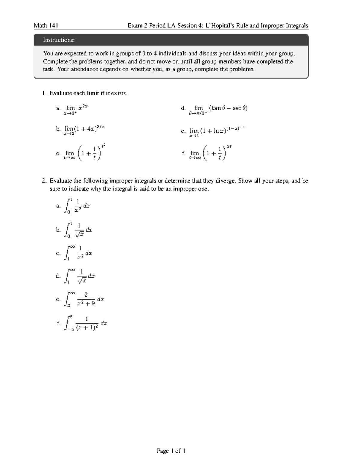 Math 141 Exam 2: L'Hopital's Rule & Improper Integrals Analysis - Studocu