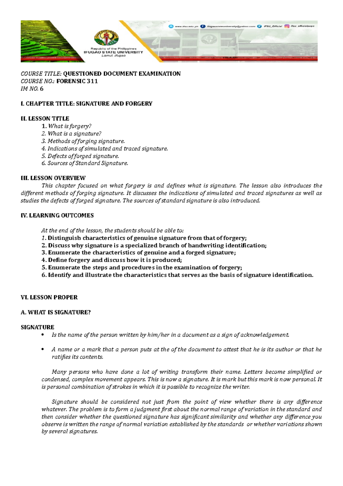 Forensic 311 - IM 6: Lesson on Signature and Forgery Examination - Studocu