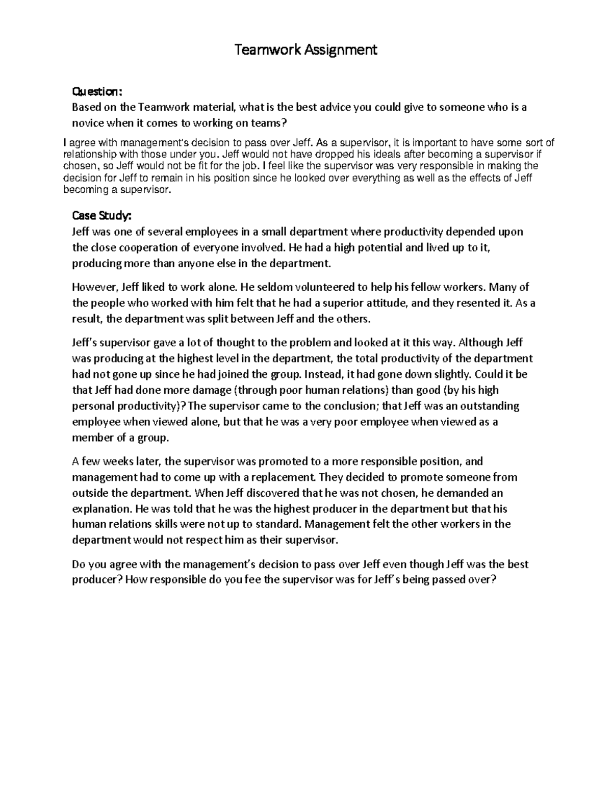 Teamwork Assignment - Teamwork Assignment Question: Based on the ...